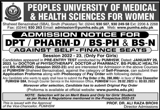 Peoples University Of Medical And Health Sciences For Women Admission 2023