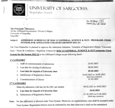 UOS B.Ed Admission 2025 Examination Form Fee Schedule