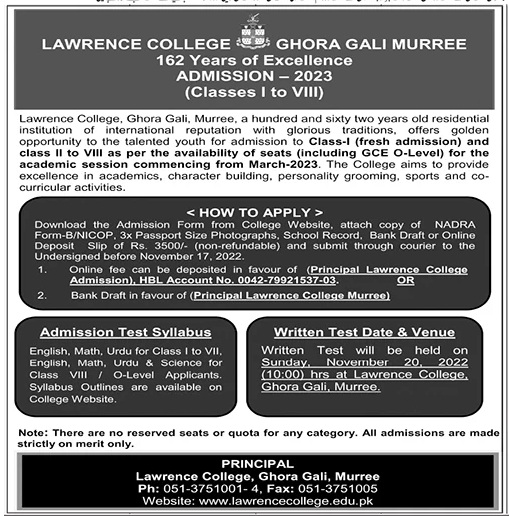 Lawrence College Murree Admissions 2023 Form Download