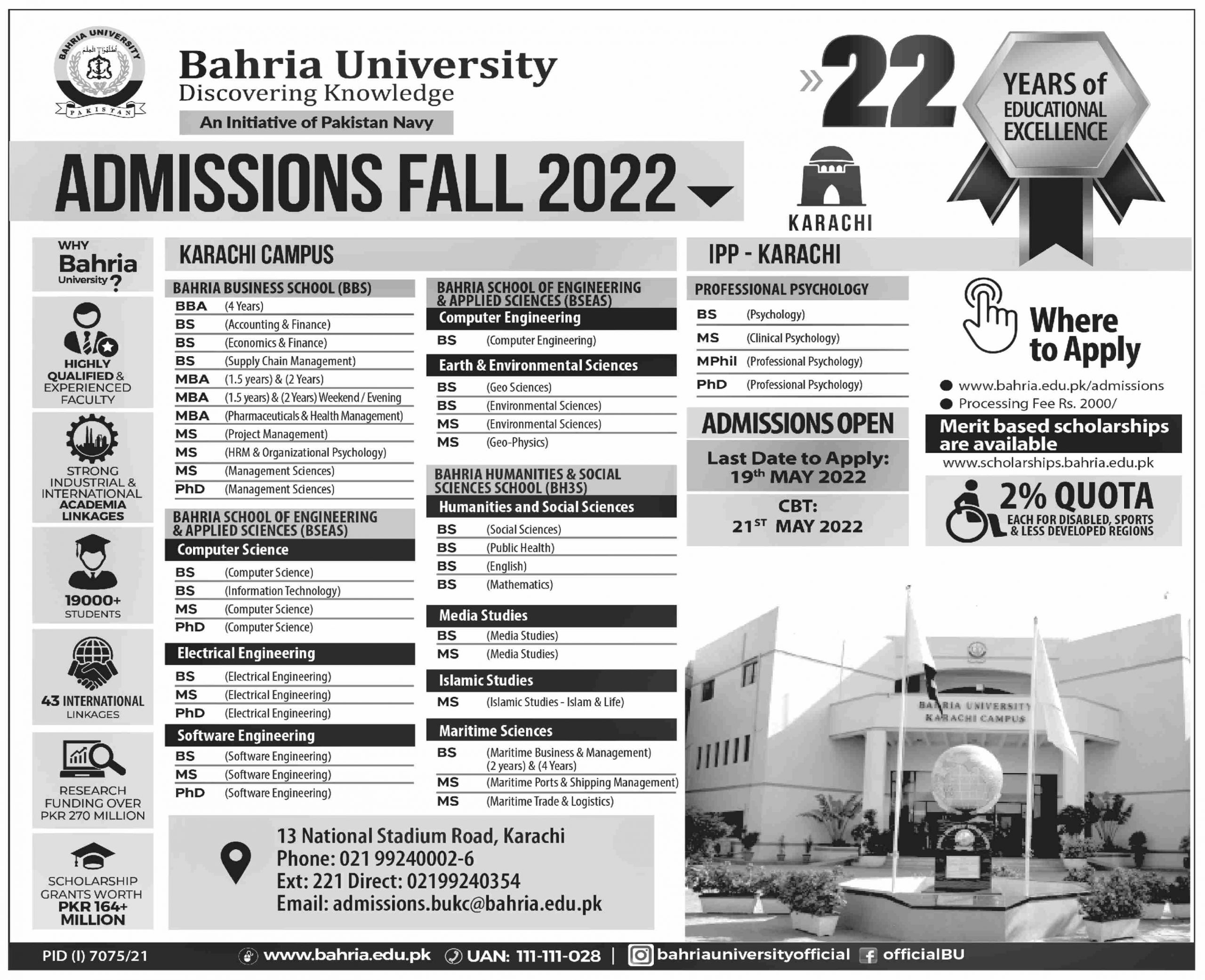 Bahria University Karachi Admission Fall 2022 Form Online