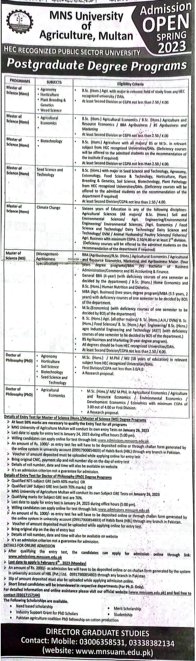 MNS University of Agriculture Undergraduate Admission 2023