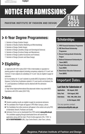 Pakistan Institute of Fashion and Design PIFD Lahore Admission 2022