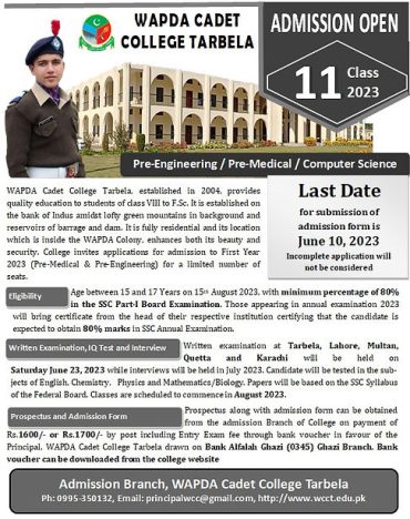 WAPDA Cadet College Tarbela Admission 2023 1st Year Form