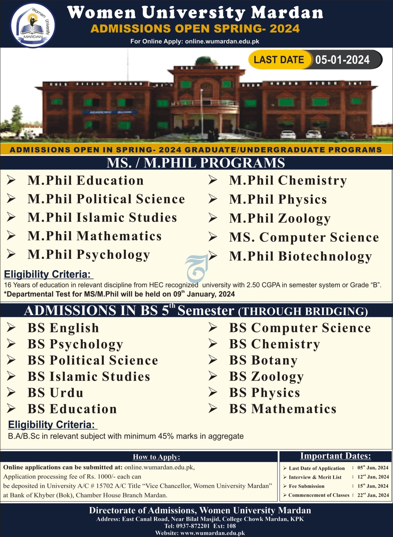 Women University Mardan Admission 2025 Form Merit List