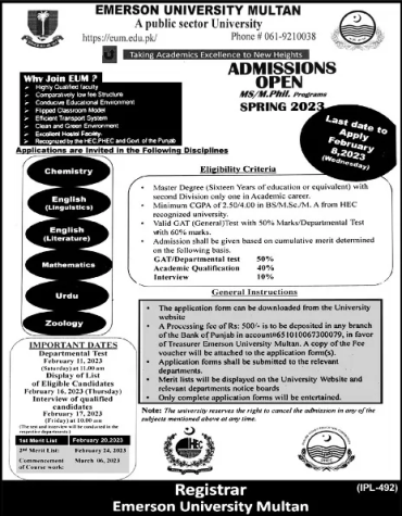 Government Emerson College Multan Admission 2023 Last Date