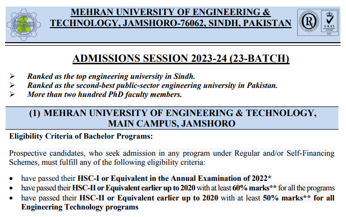 Mehran University Of Engineering And Technology MUET Admission 2023