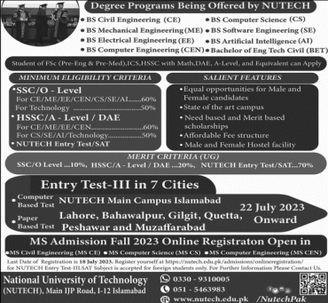 NUTECH Admission 2025 National University of Technology