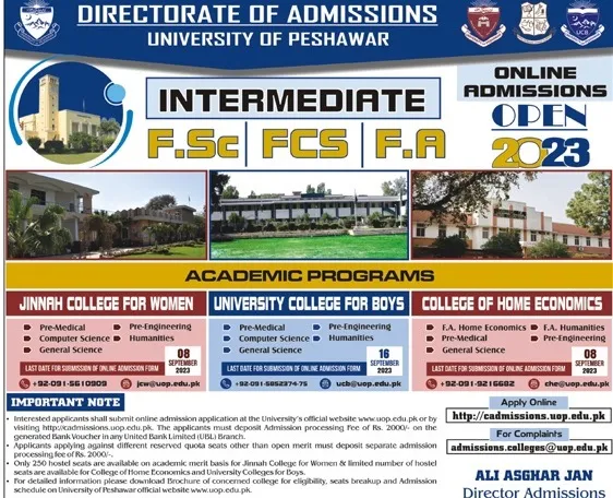 Jinnah College for Women Peshawar Admission 2023 Last Date