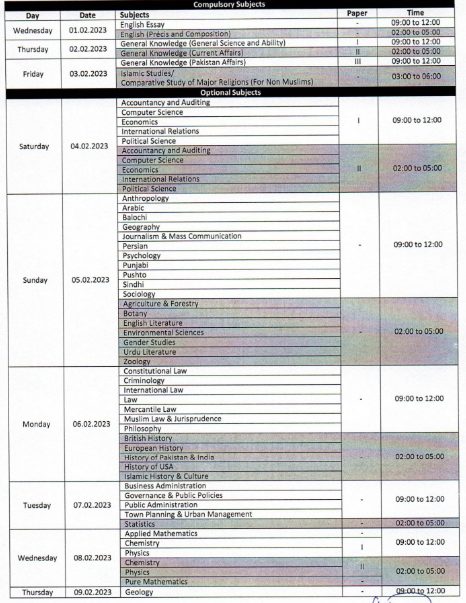 CSS Exam Date Sheet 2023 FPSC