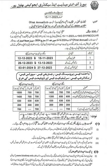 BISE BWP 9th, 10th Class Admission Form 2025 Last Date