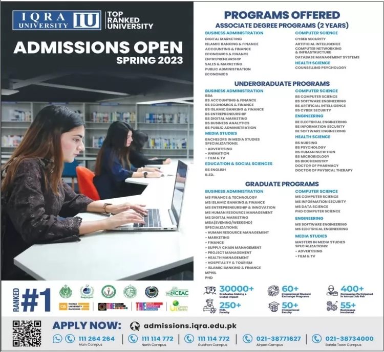 Iqra University Karachi Admission 2023 Form, Last Date