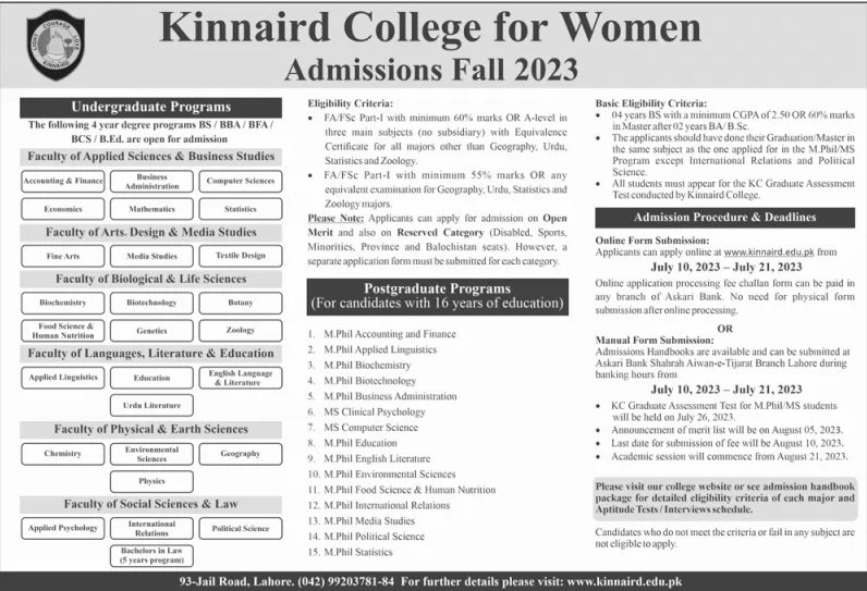 Kinnaird College For Women Admission 2023