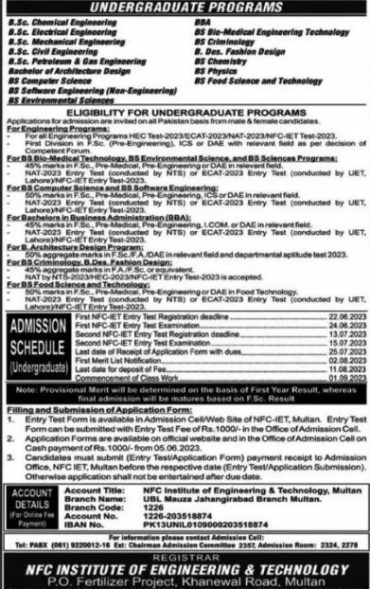 NFC University Multan Admission 2023 Forms Last Date