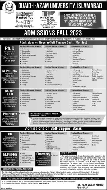 Quaid-e-Azam University Admission 2025