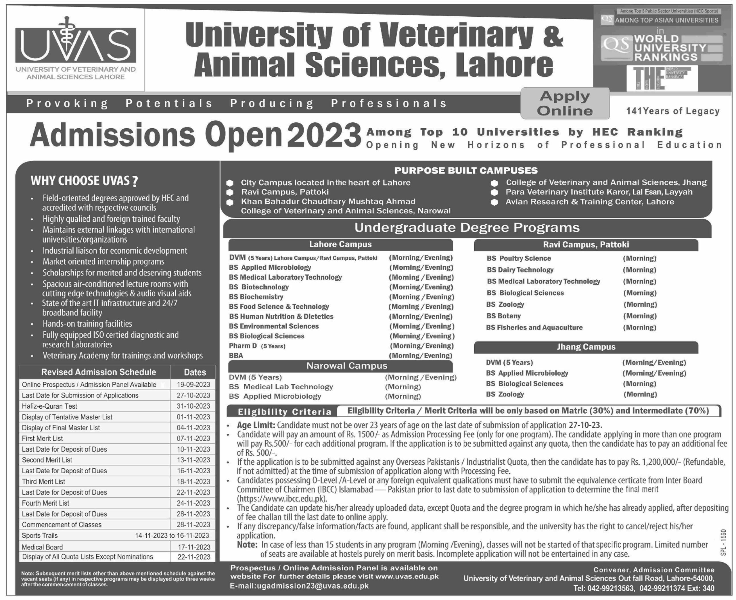 University Of Veterinary & Animal Sciences UVAS Admission 2023