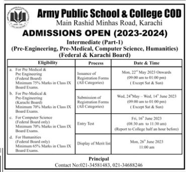 Army Public School APS Karachi Admission 2025