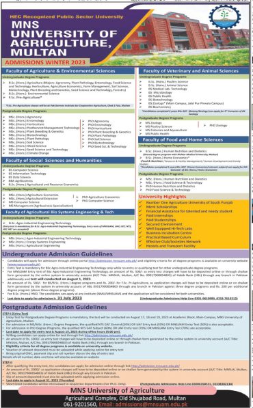 MNS University of Agriculture Undergraduate Admission 2025