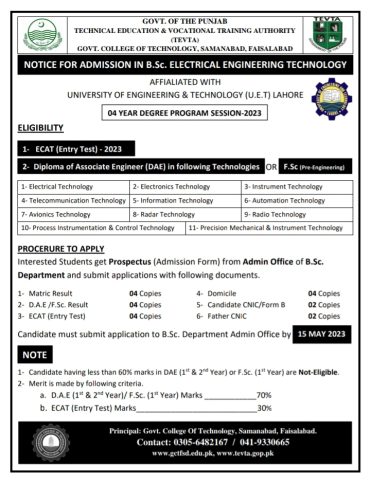 GCT Faisalabad Admission 2023 Government College Of Technology