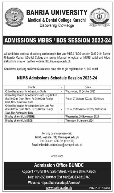 Bahria Medical College Karachi MBBS, BDS Admission 2025-2024